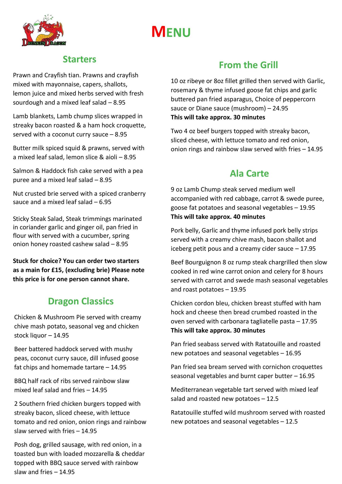 Drunken Dragon Bicknacre Menus - Modern British Dines & Classics