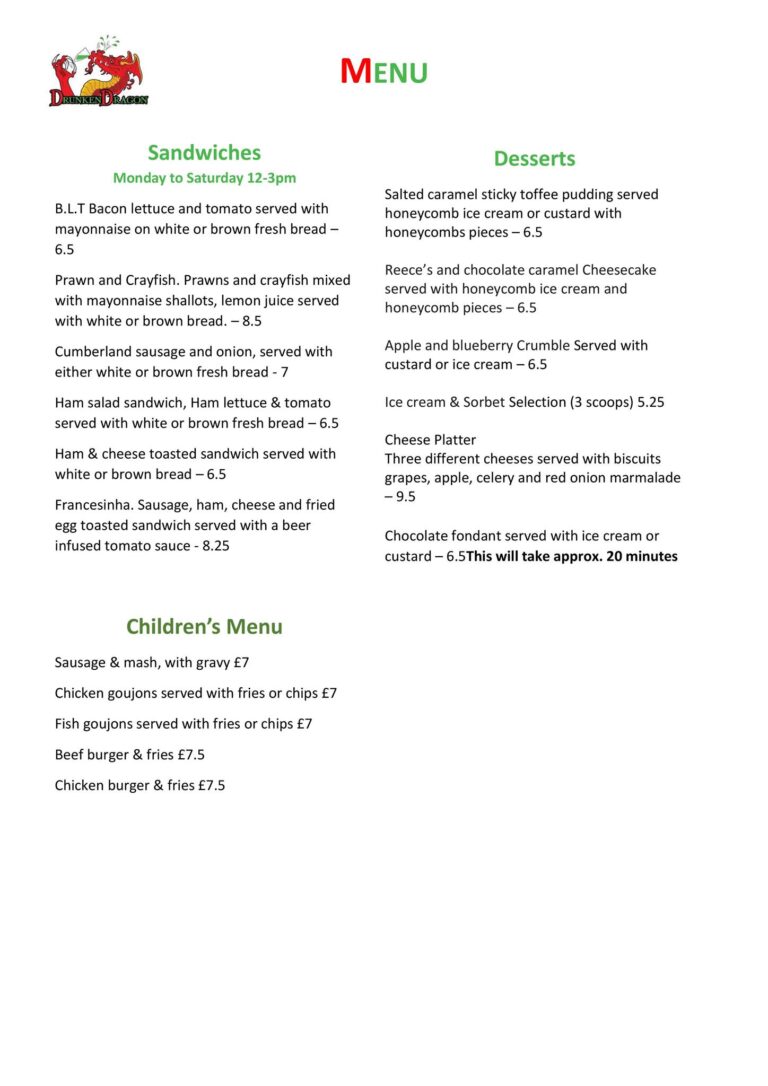 Drunken Dragon Bicknacre Menus - Modern British Dines & Classics