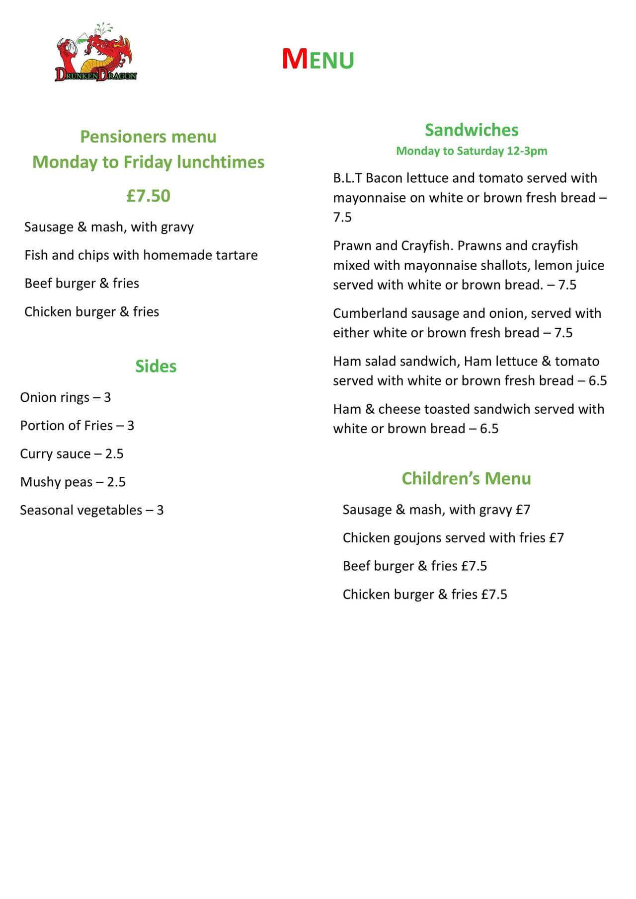 Drunken Dragon Bicknacre Menus - Modern British Dines & Classics