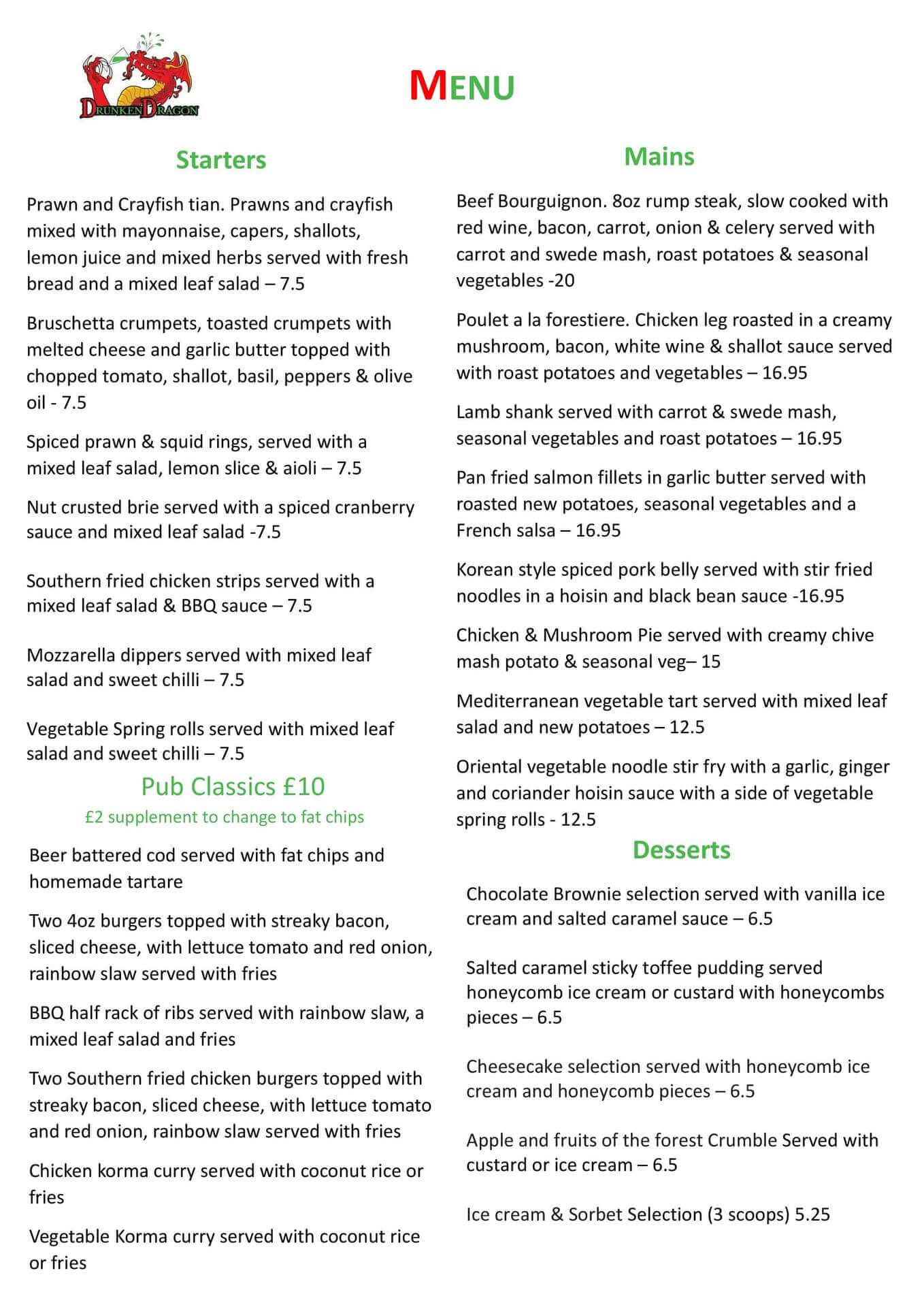 Drunken Dragon Bicknacre Menus - Modern British Dines & Classics
